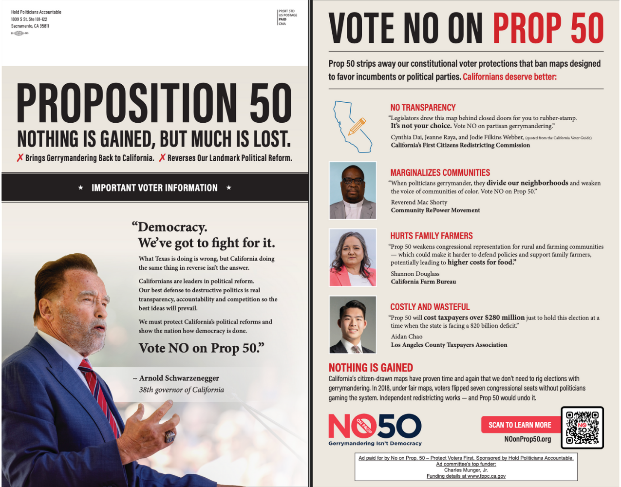 No on Prop 50 Mailer featuring Governor Arnold Schwarzenegger